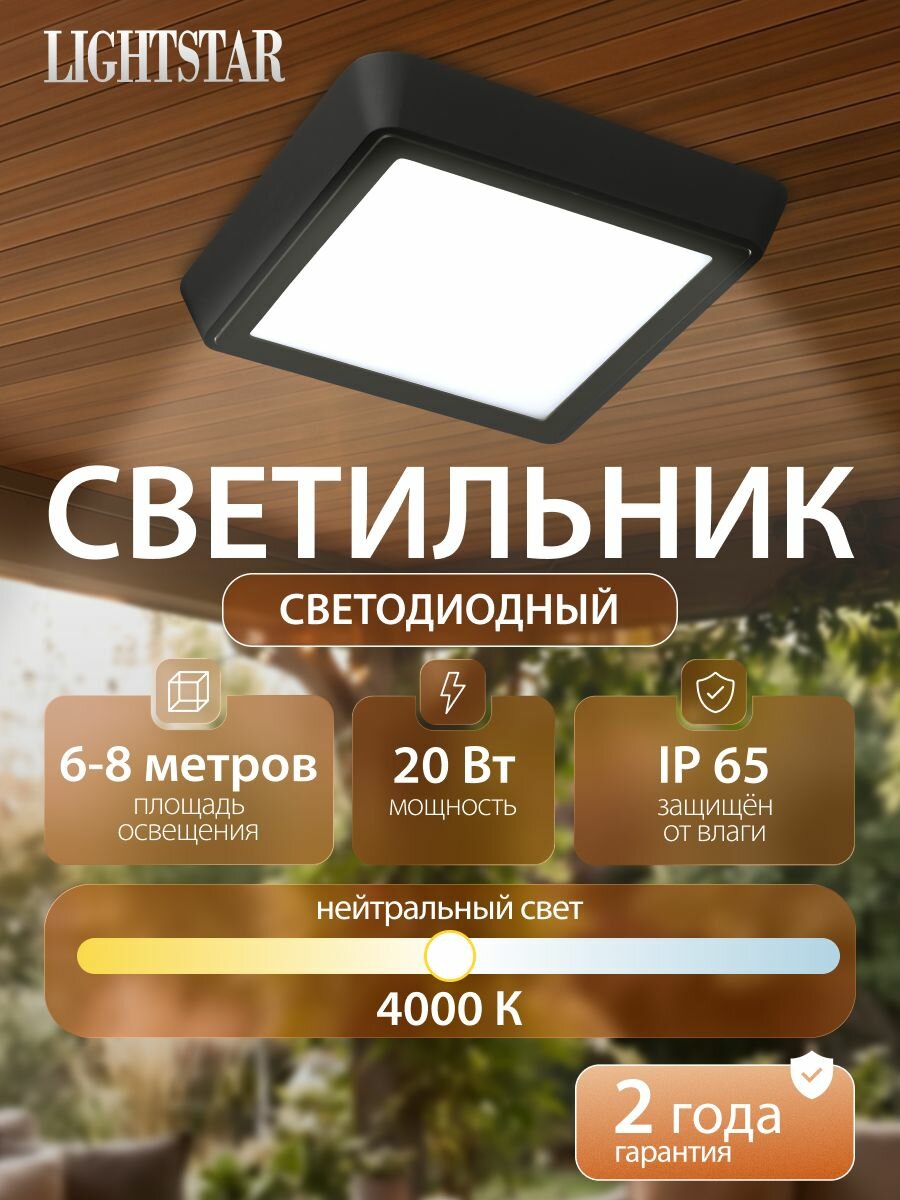 Светильник потолочный светодиодный влагозащищенный Lightstar URBANO 216874, IP65 для ванной и улицы, 4000K, 20W, квадратный, черный