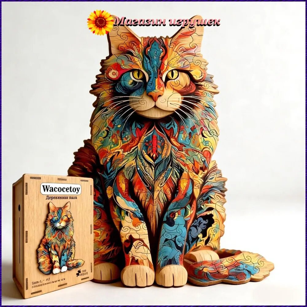 Деревянная фигурная пазл-игрушка кот (размер L) уникальный дизайн, высокая сложность, антистресс для ручного творчества