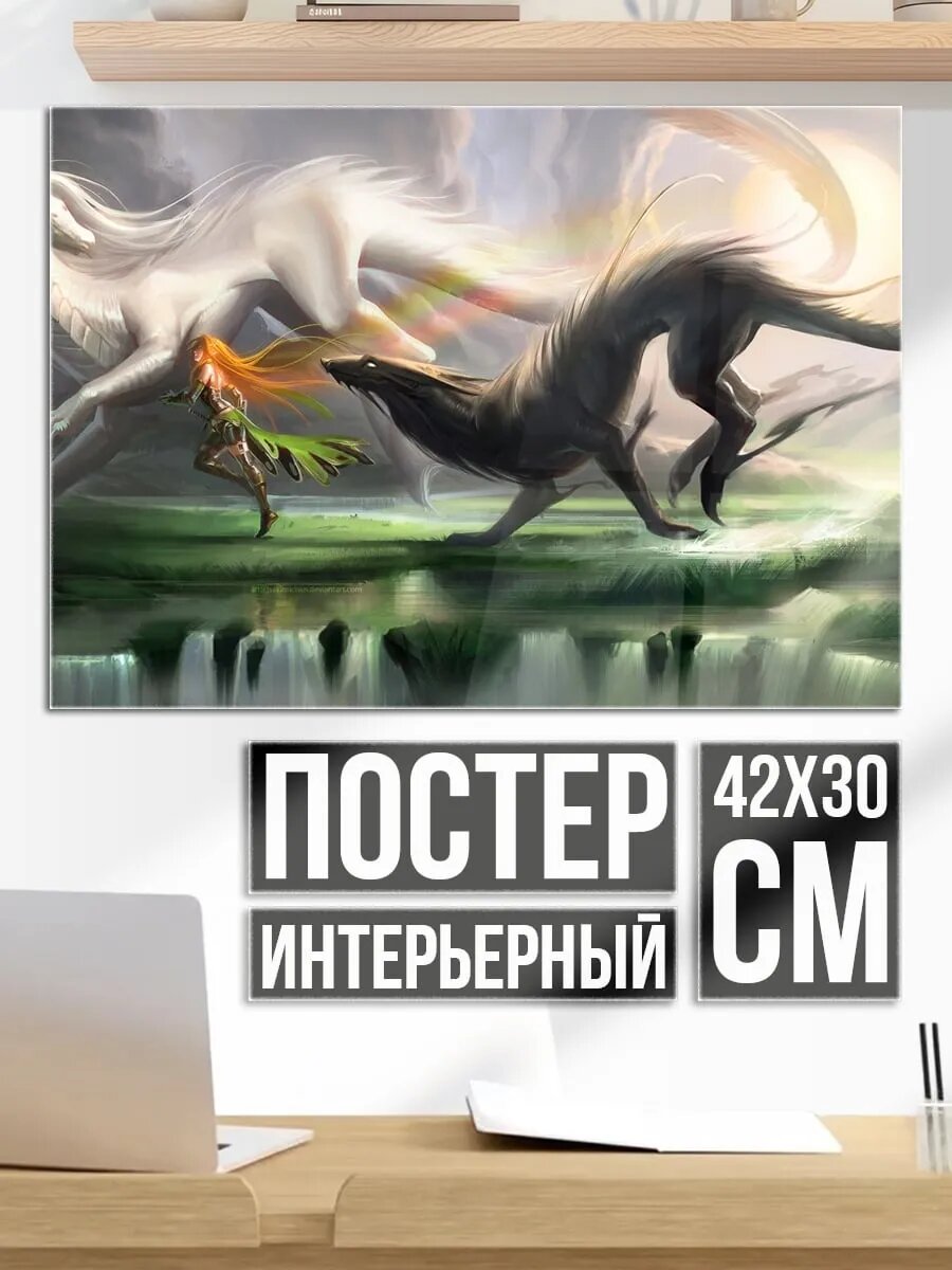 Плакат постер Драконы у водопада