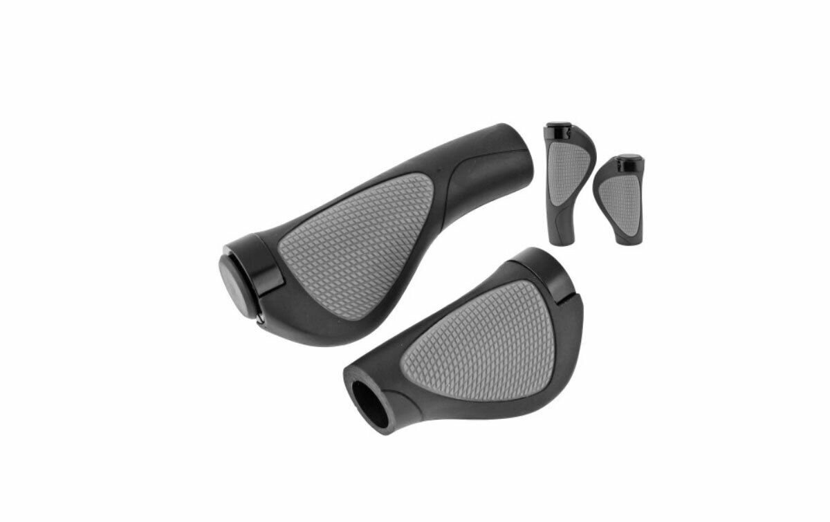 Грипсы TRIX GRTX-311-2, резиновые,130мм+92мм, для ревошифта,2-х компонентные, эргономические, алюминиевые фиксаторы на руль черные-2шт, с заглушками руля, серо-черные