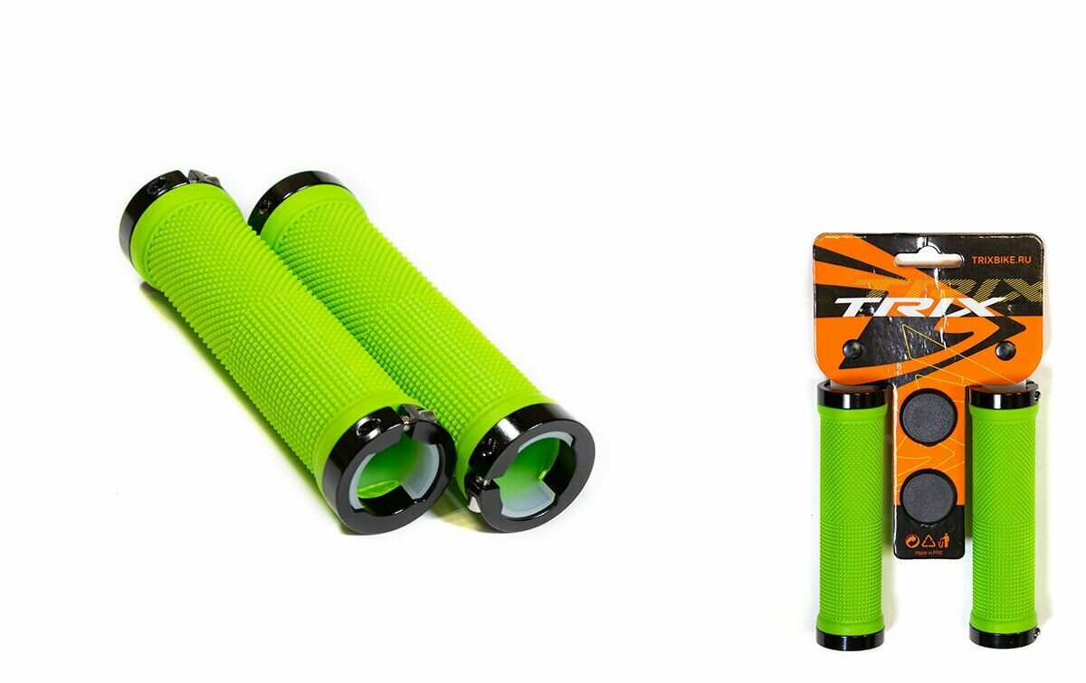 Грипсы TRIX GRTX-201-GREEN-BLACK, резиновые,130мм, алюминиевые фиксаторы на руль черные-2шт, с заглушками руля, зеленые