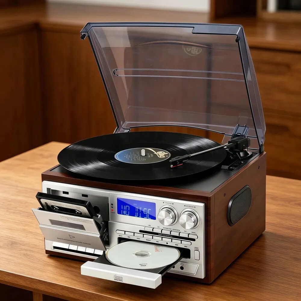 Виниловый проигрыватель с CD-плеером, кассетой, FM/AM радио и USB, для дома