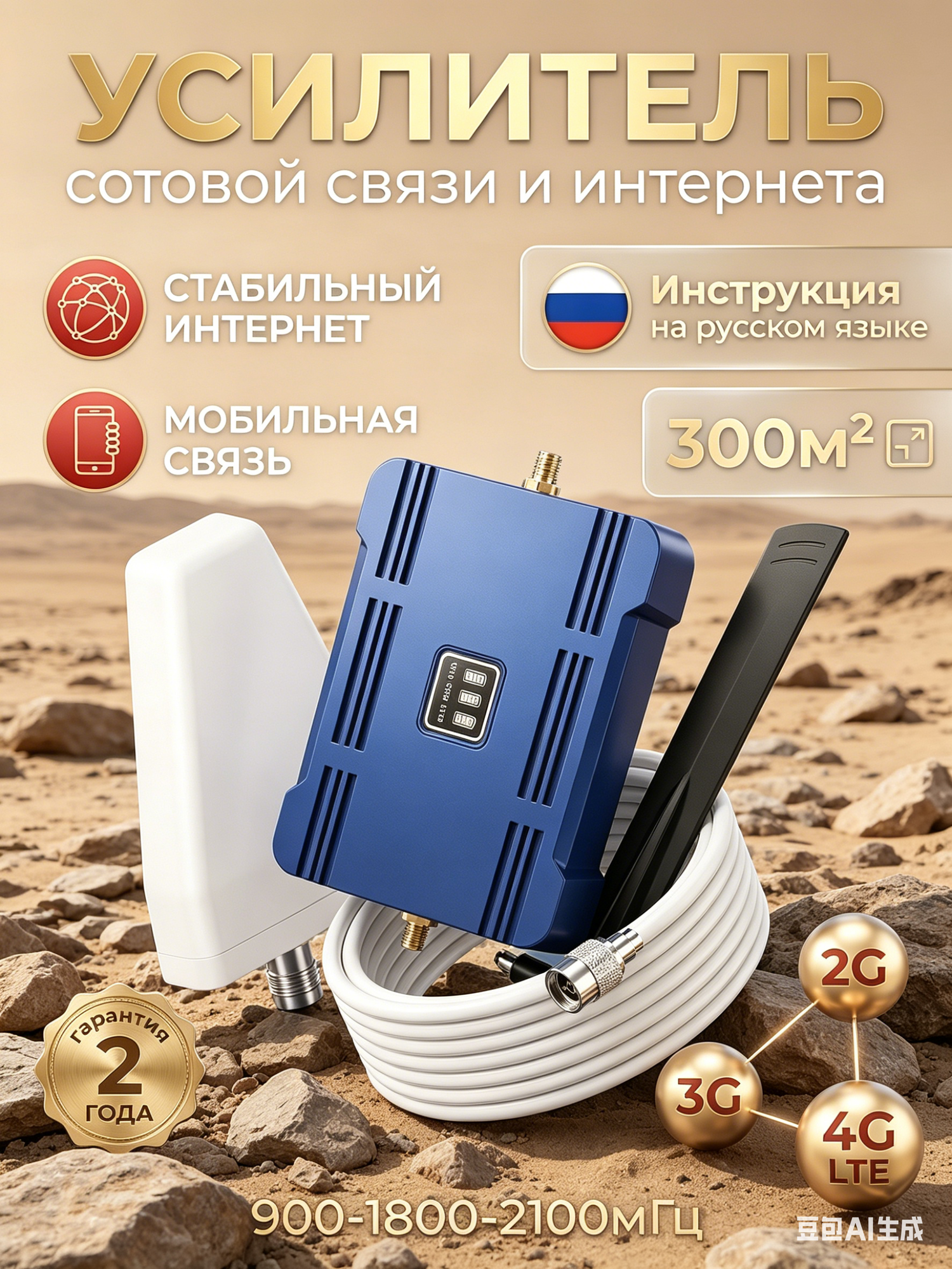 Усилитель сотовой связи 900/1800/2100 МГц (2G/3G/4G): до 70 км, направленный, синий, 1.3 кг