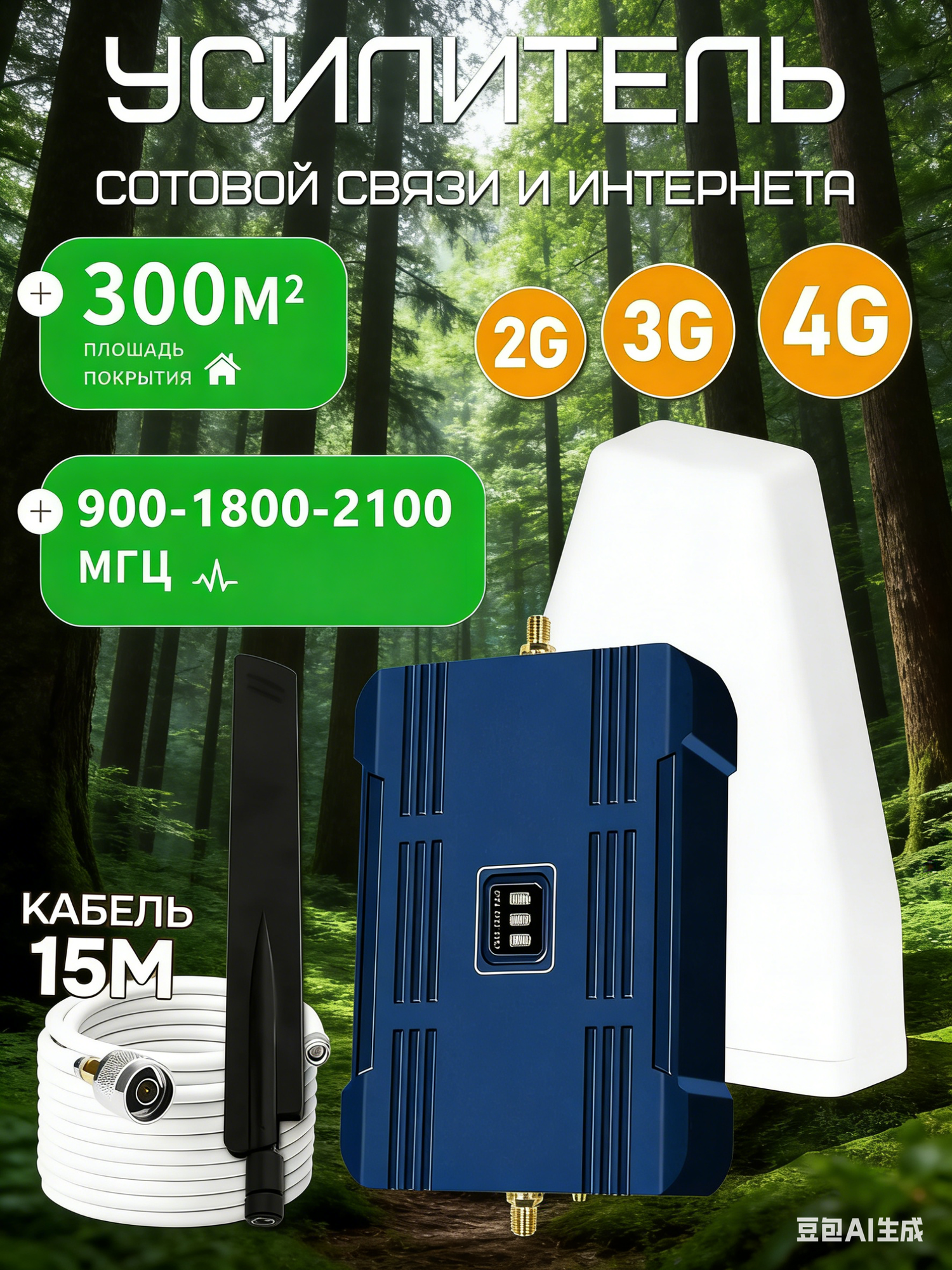 Усилитель сотовой связи 900/1800/2100 МГц (2G/3G/4G): до 70 км, направленный, синий, 1.3 кг