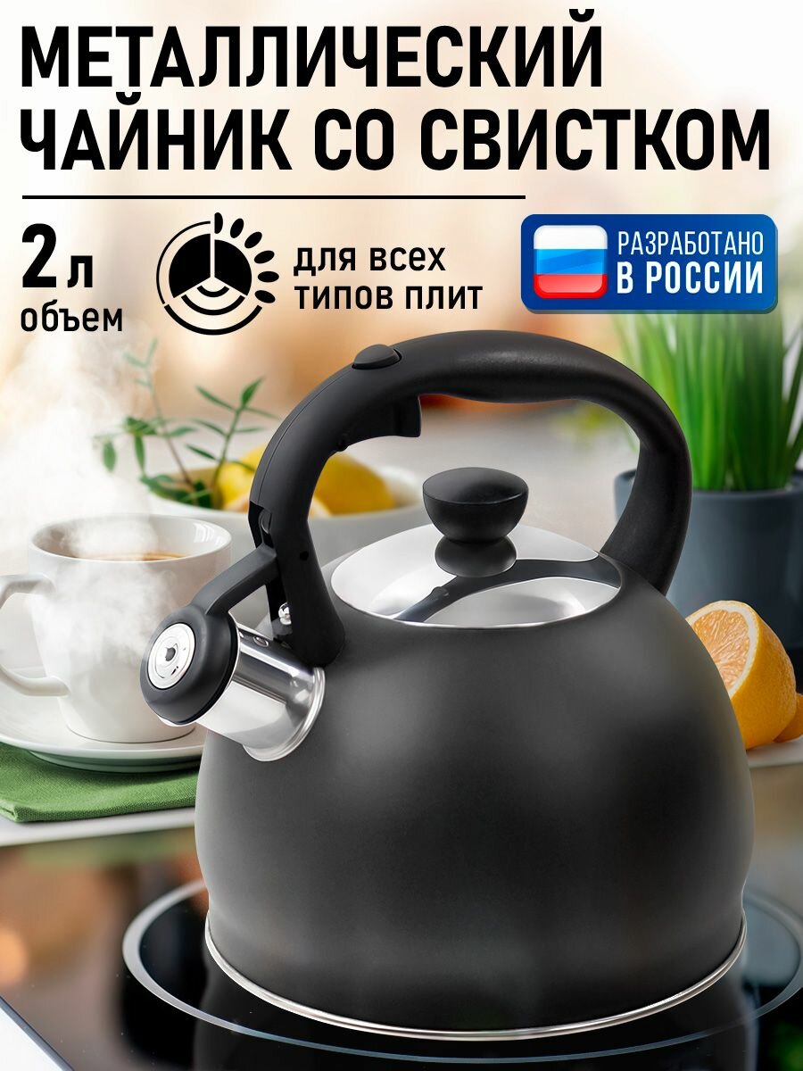MARTA Чайник со свистком из нержавеющей стали, 2 л, для всех типов плит, с термоизолированной ручкой, черный графит