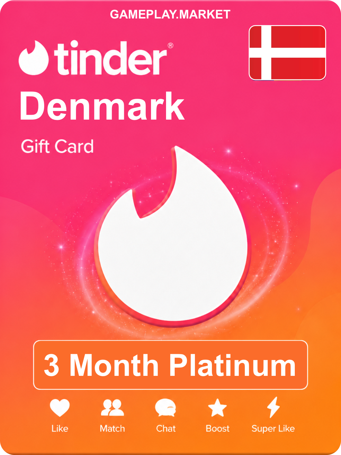 Подарочная карта Tinder Platinum 3 месяца подписки / Для аккаунта Дании / Оригинальный цифровой код