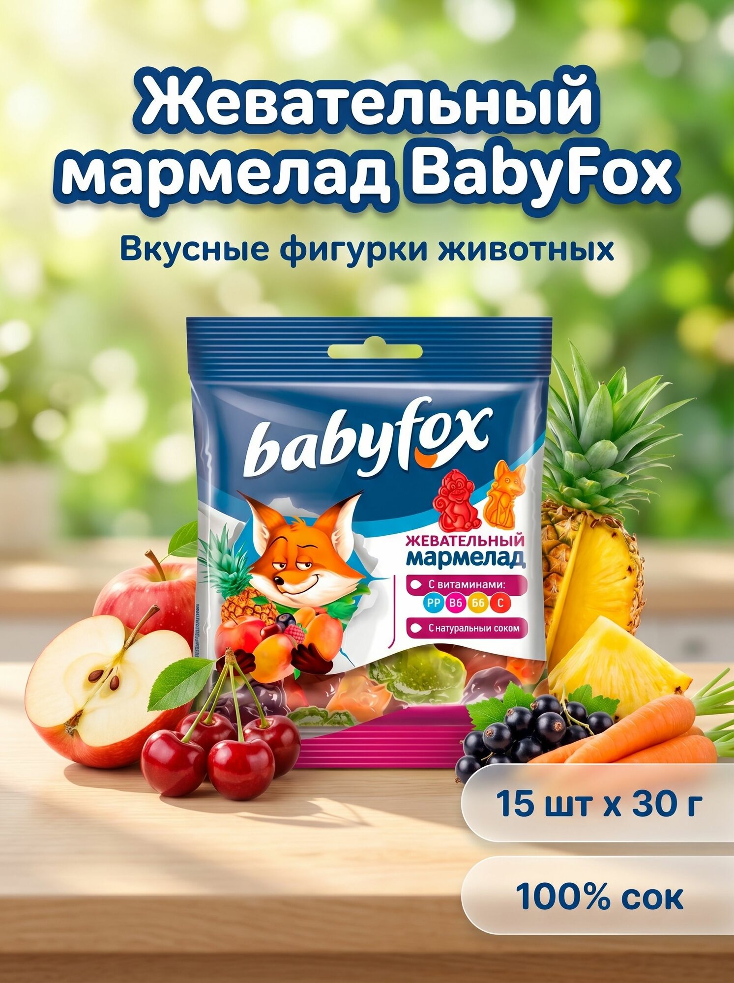 Мармелад жевательный детский с соком ягод и фруктов, ассорти, животные, 15 шт по 30 г BabyFox