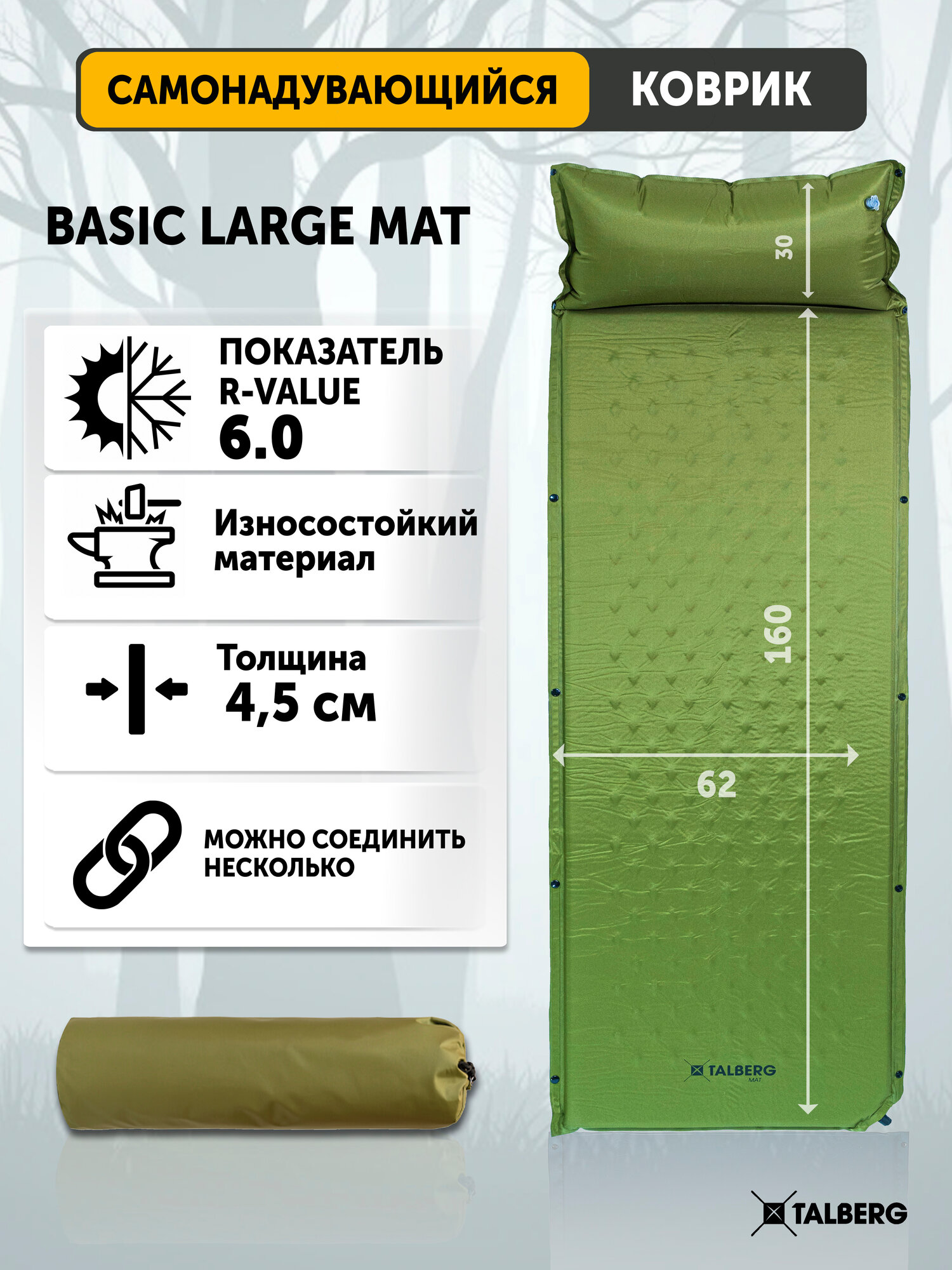 Самонадувной туристический коврик Talberg "BASIC LARGE MAT", 190 см x 62 см x 4.5 см, зеленый