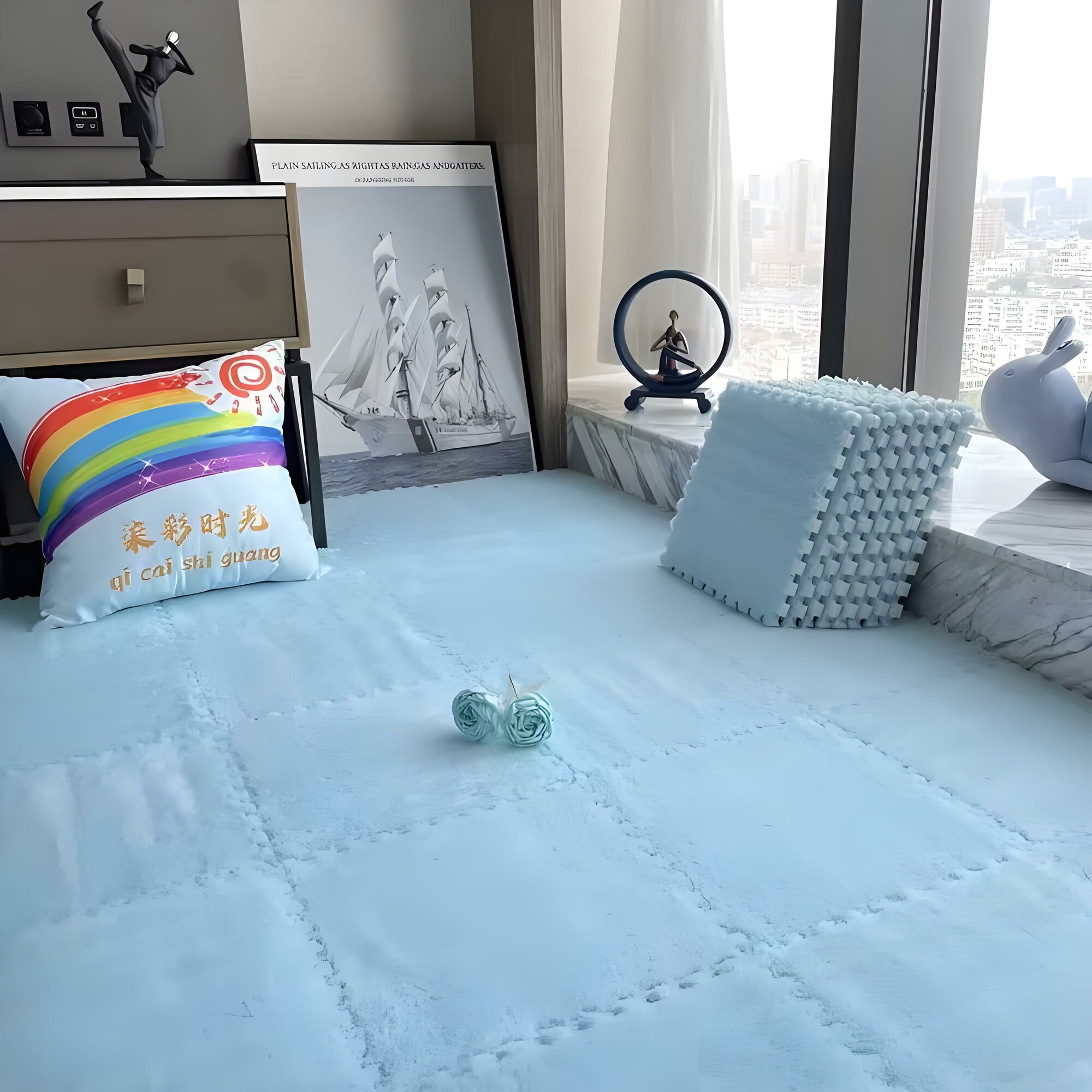 Толстые плюшевые сборные коврики для пола и балкона, размер 30×30×1 см (набор из 10 штук), нескользящие, небесно-голубые