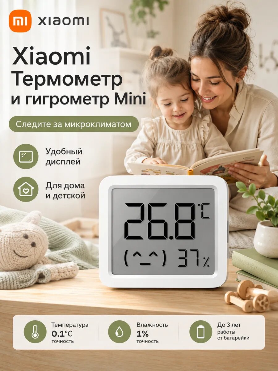 Умный датчик температуры и влажности Smart Temperature and Humidity Monitor 3 Mini для контроля климата в помещении