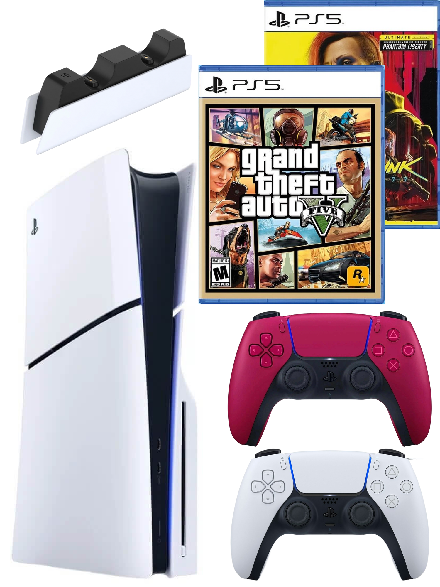 Игровая приставка Sony PS 5 Slim, 1ТБ(с дисководом)+2 геймпад+Зарядная станция+2 игры (GTA5 , Cyberpunk 2077)
