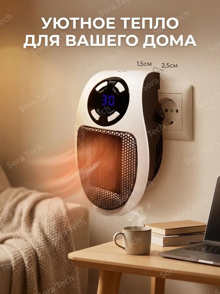Портативный тепловентилятор в розетку PTC, 400Вт, керамический обогреватель с LED-дисплеем и таймером, белый