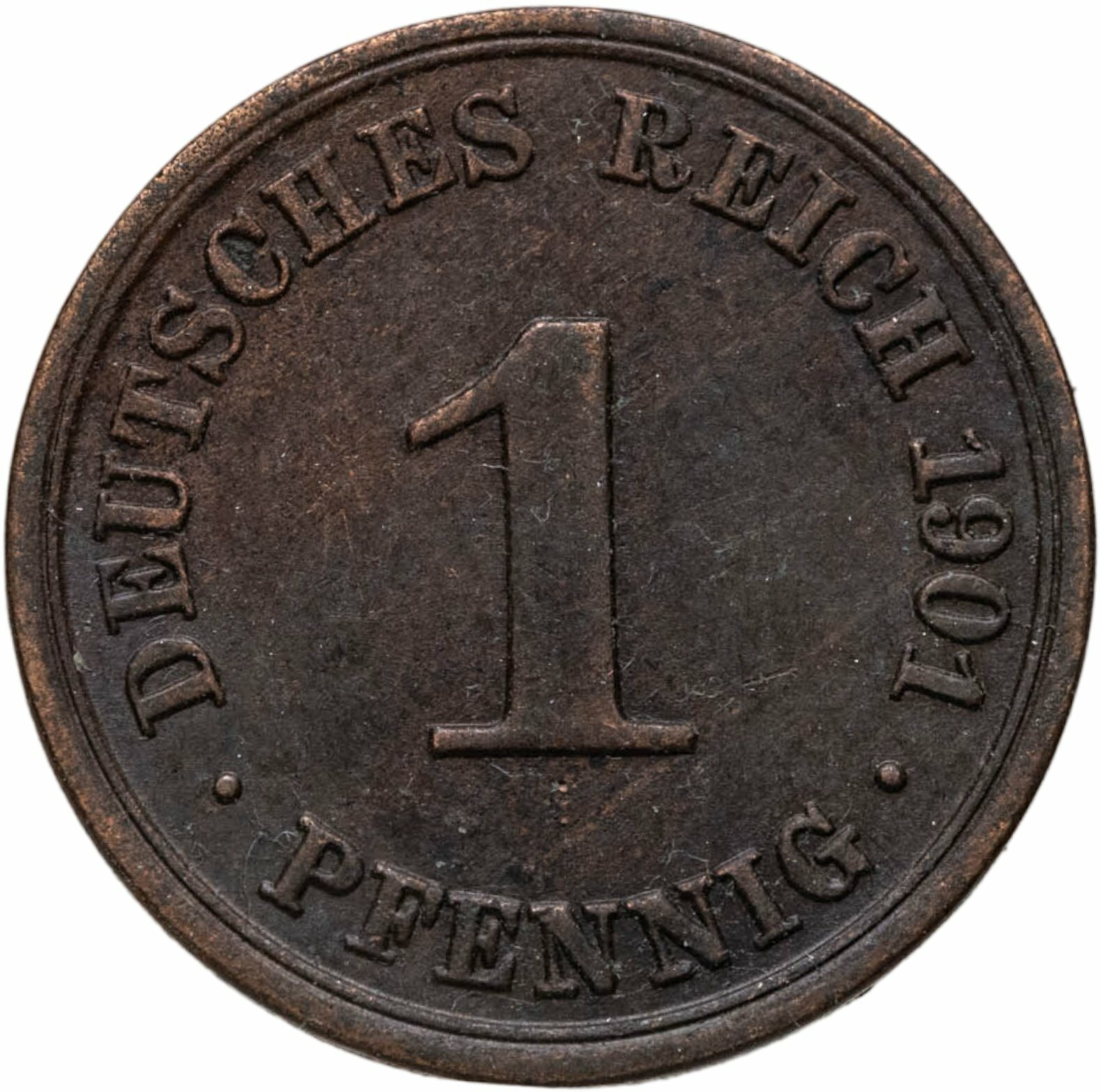 Германия 1 пфенниг 1901 знак монетного двора "A" - Берлин, Бронза, в сохранности VF