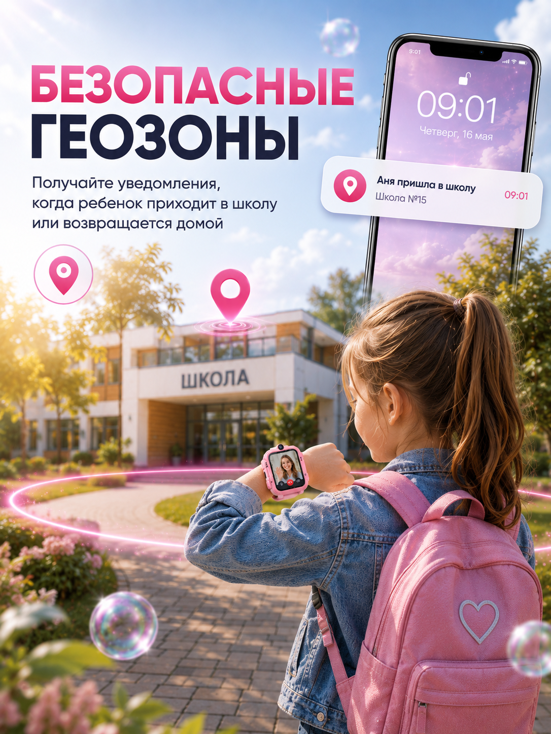 Детские смарт-часы ВремяХ, с сим-картой, звонки, голосовые чаты, SOS, геолокация, розовые — фото 1