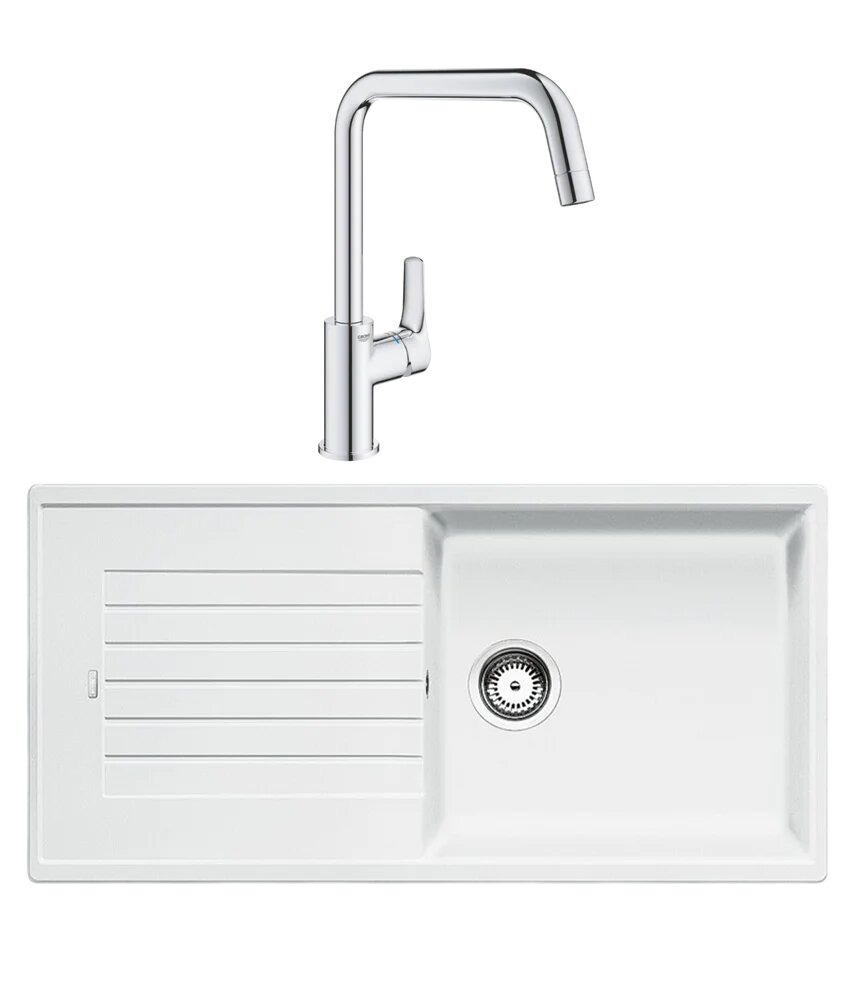 Комплект Мойка Blanco Zia XL 6S 517571 100x50, белая, искусственный гранит / Смеситель Grohe Eurosmart 30567000 глянцевый хром