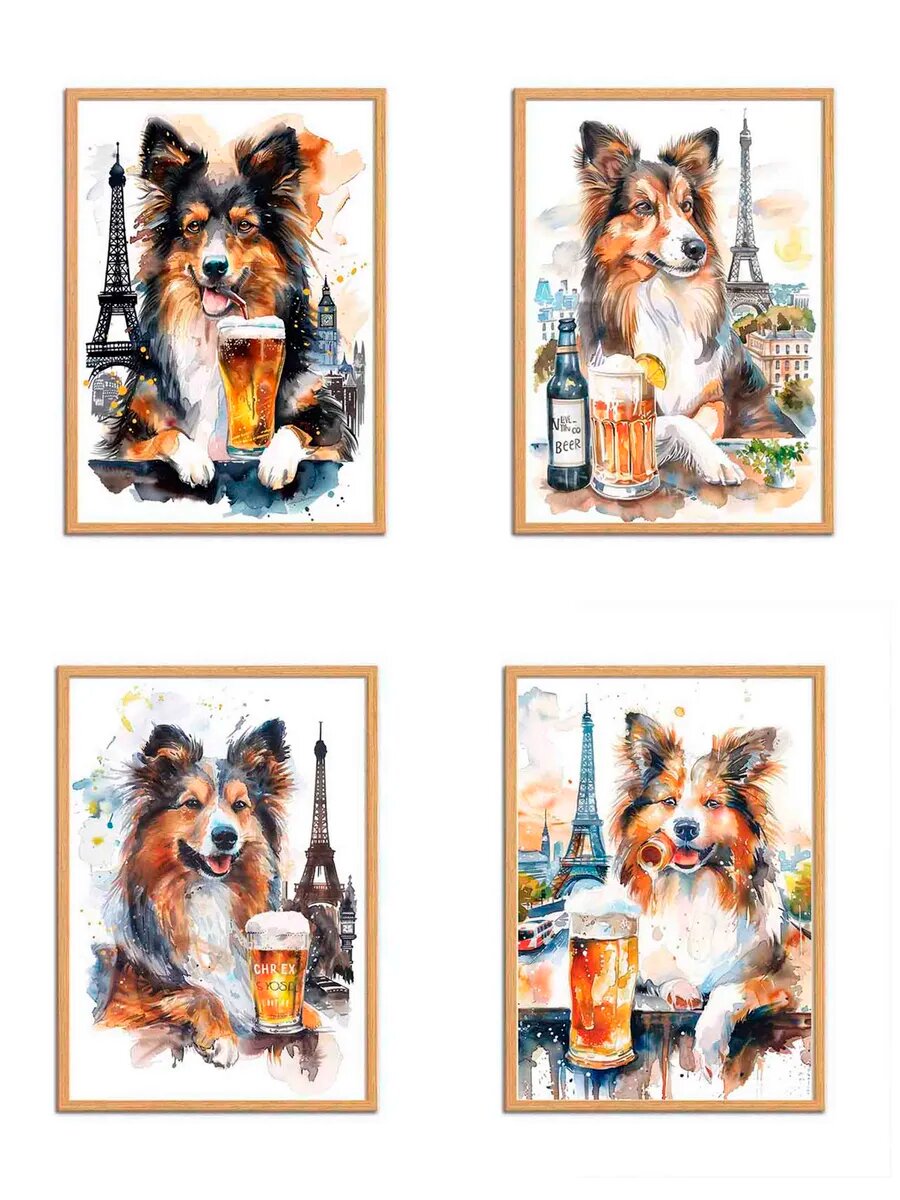Шетландская овчарка Пьет Пиво, 4 Плаката, 30x21см