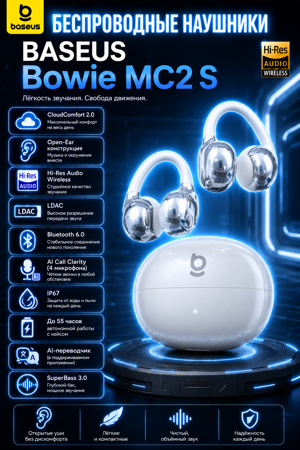 Беспроводные наушники Baseus MC2 S Open-Ear Bluetooth 6.0, Hi-Res Audio, LDAC, IP67, AI Call Clarity/Белые