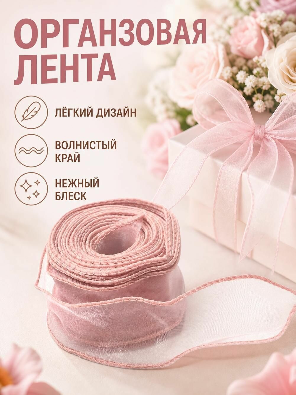 Флористическая лента из органзы с кордом, кремовый, для упаковки подарков и букетов