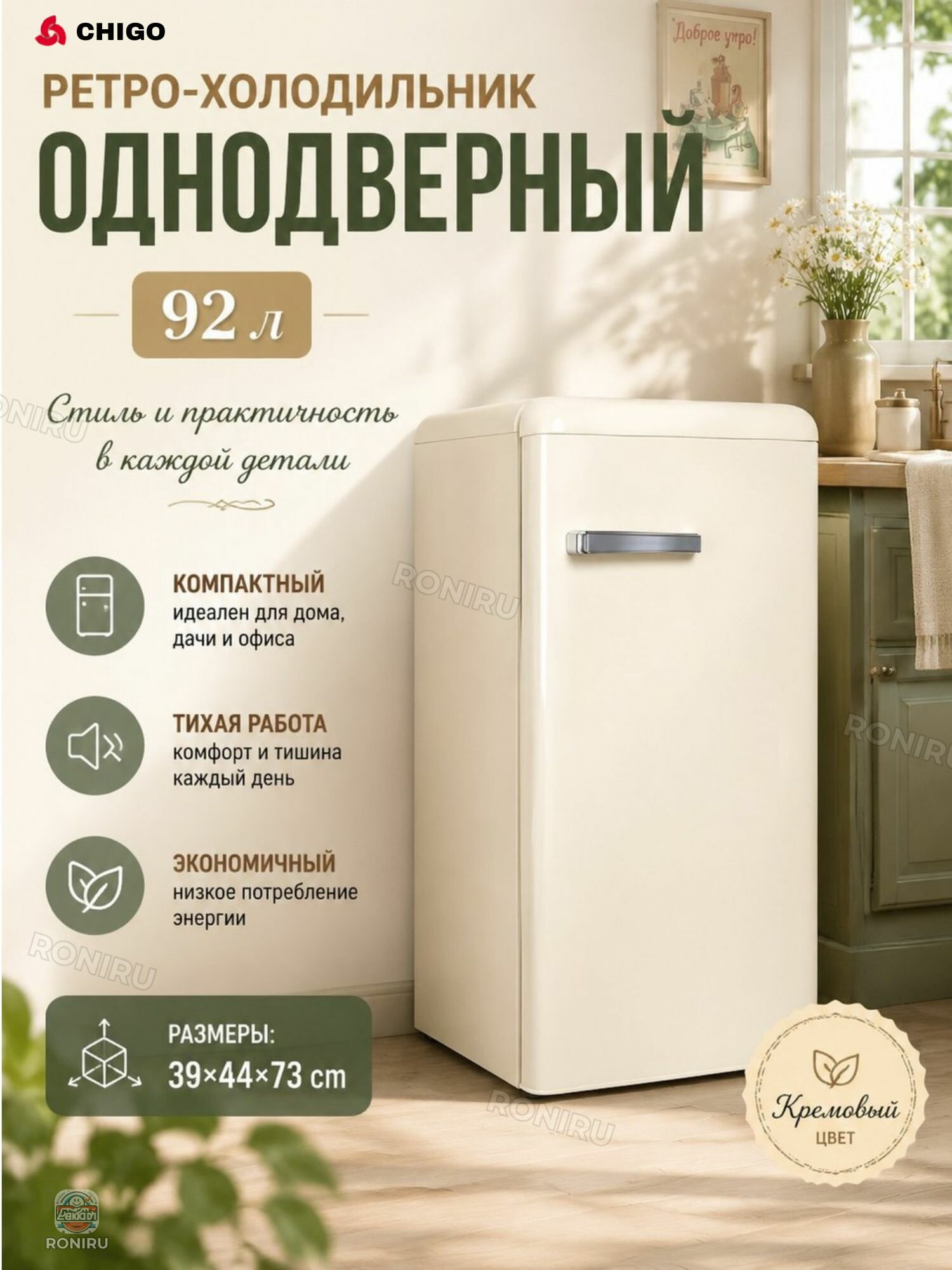 Ретро однокамерный -холодильник 92 л, система No Frost, тихая работа идеален для дома, офиса и общежития