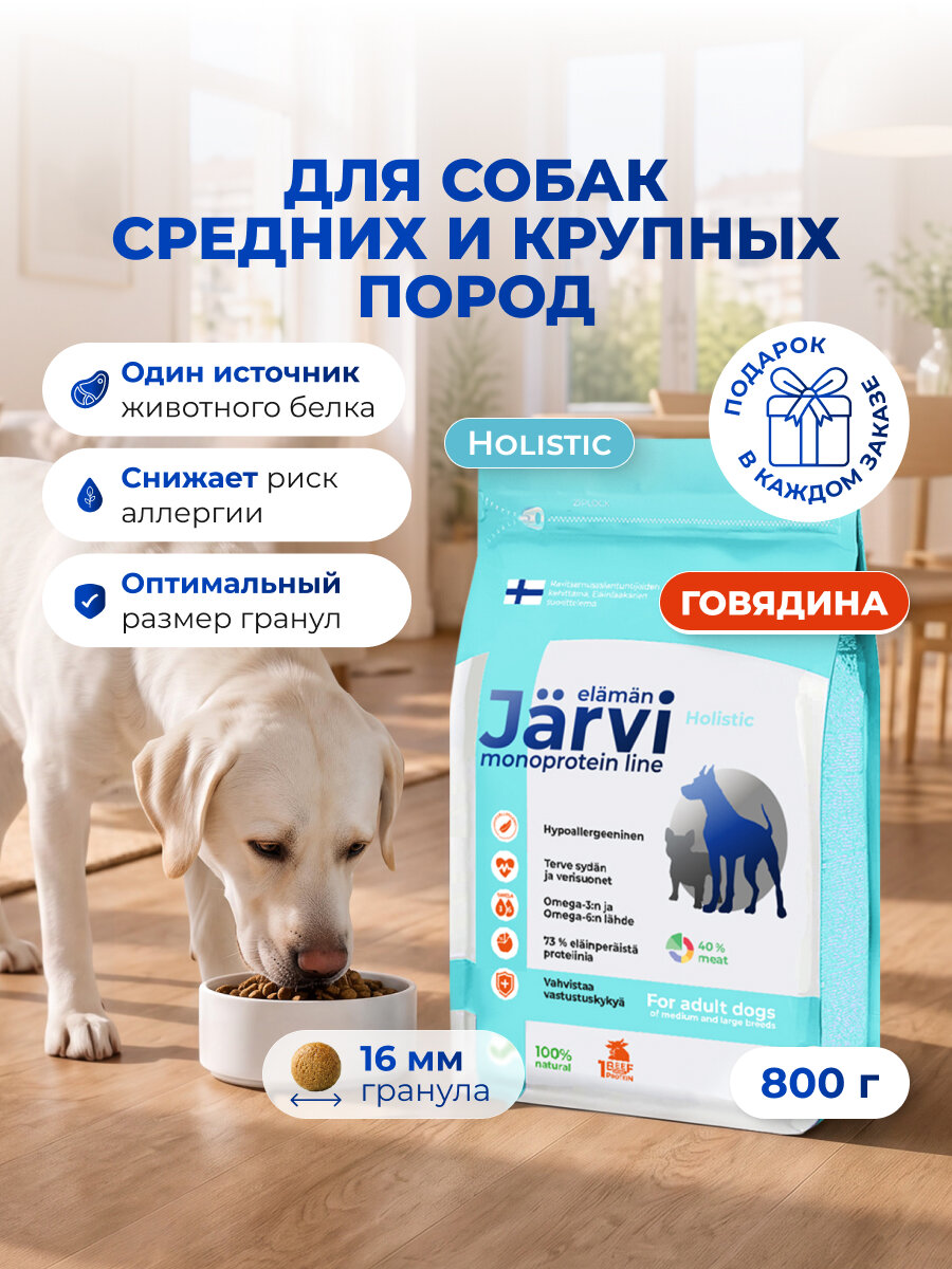 Сухой корм Jarvi Monoprotein line гипоаллергенный holistic для взрослых собак средних и крупных пород с говядиной, 800 г