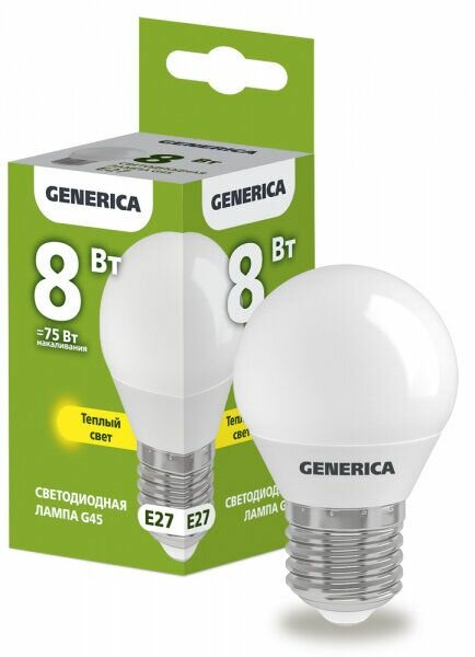 Лампа светодиод 8Вт шар Е27 3000К 800Лм матовая GENERICA IEK