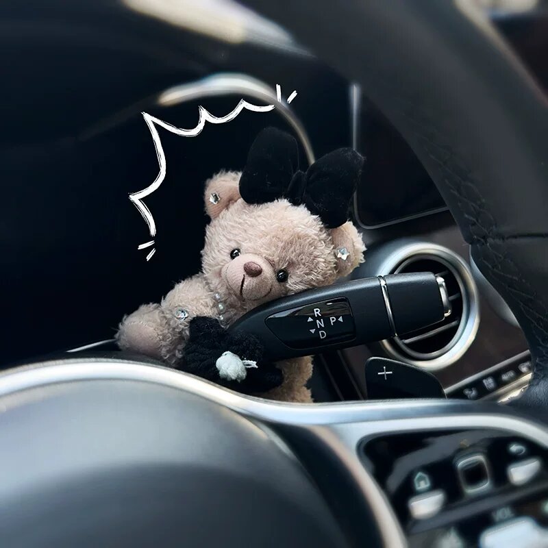 Медвежонок-кролик с черным бантом и алмазами для салона автомобиля, 1 шт