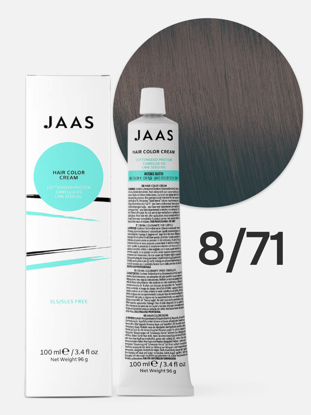 Крем - краска для волос профессиональная Jaas 8/71 Светлый русый Коричнево-пепельный, 100 мл