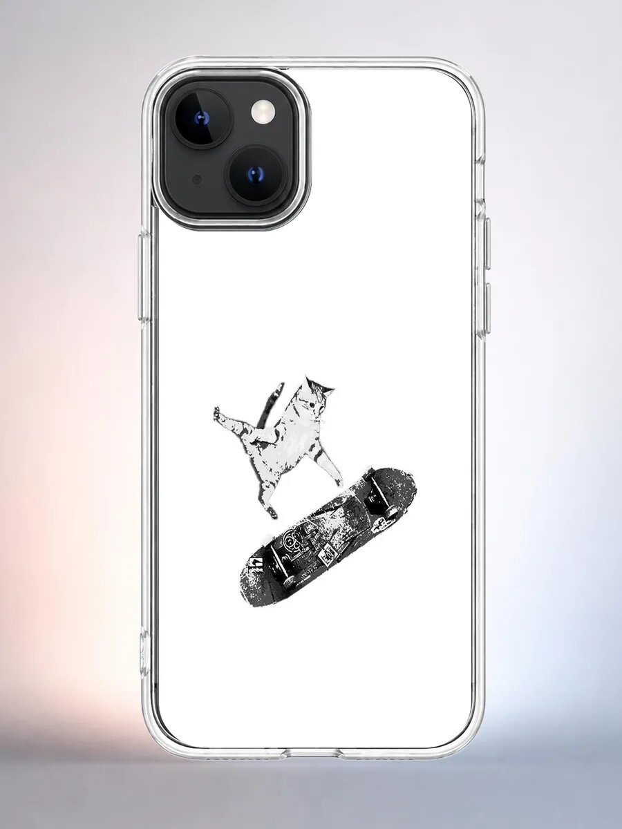 Чехол iPhone 13 кот на скейте силиконовый прозрачный