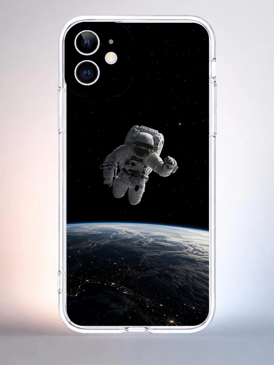 Чехол iPhone 11 космонавт над землёй силиконовый прозрачный
