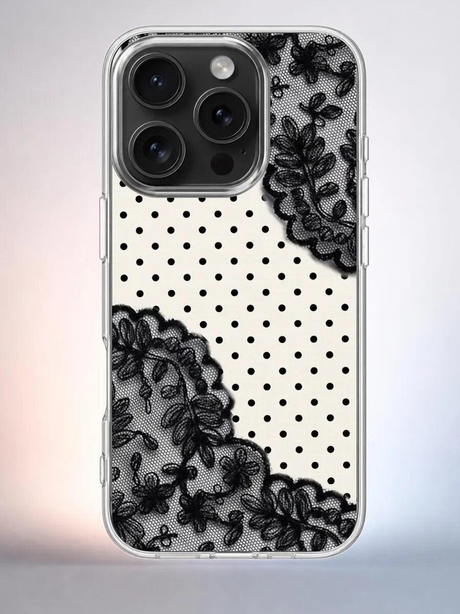 Чехол iPhone 15 Pro кружево и горошек силиконовый прозрачный