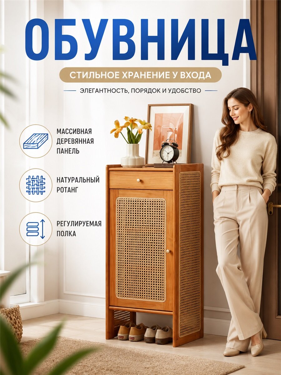 Обувница деревянная с ротанговыми дверцами, выдвижные ящики и регулируемые полки для хранения обуви у входа в дом