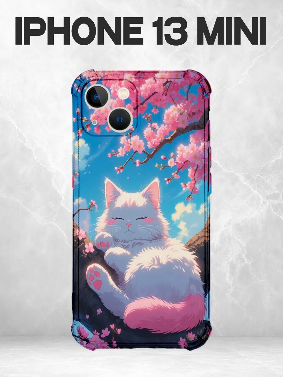Чехол на iPhone 13 Mini котик сакура голубой
