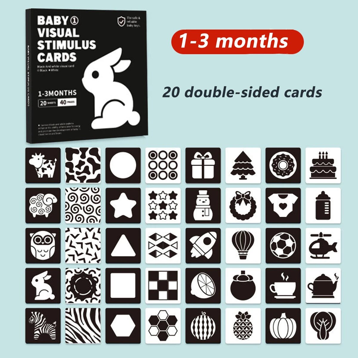 Детские карты Монтессори чёрно-белые 20 шт For 1-3 months