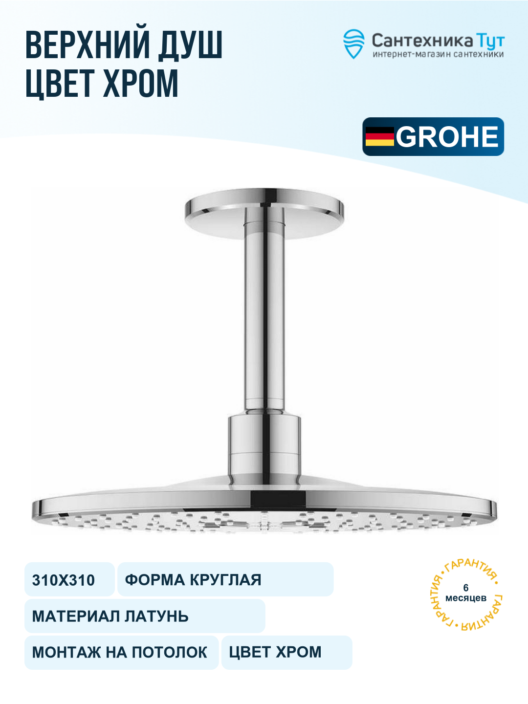 Верхний душ Grohe Rainshower SmartActive 26477000 310х310 мм, хром, на потолок