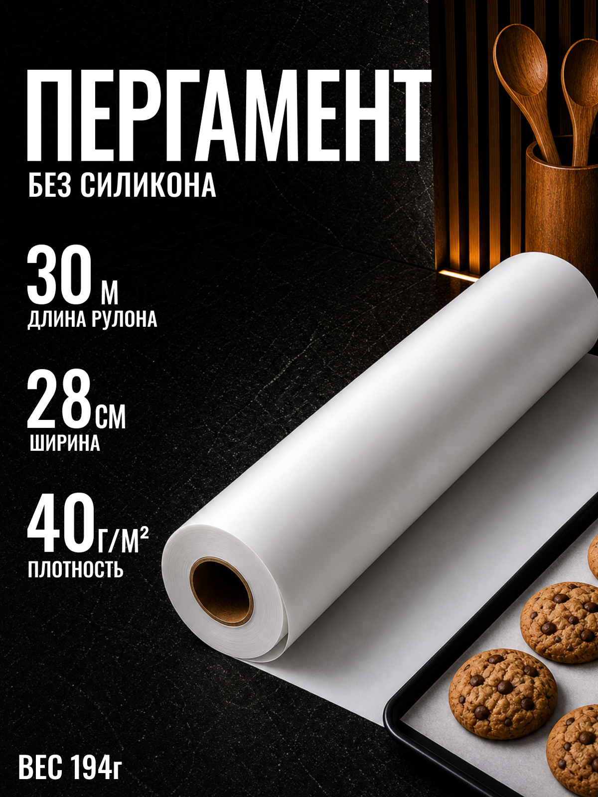 Пергамент для выпечки без силикона белый 30м 28см 40г/м белый
