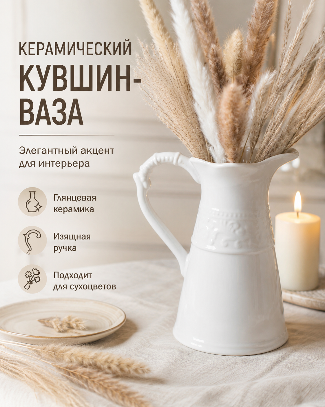 Ваза интерьер, керамическая, Прованс, белая, с ручками, 23 см, низкая и широкая