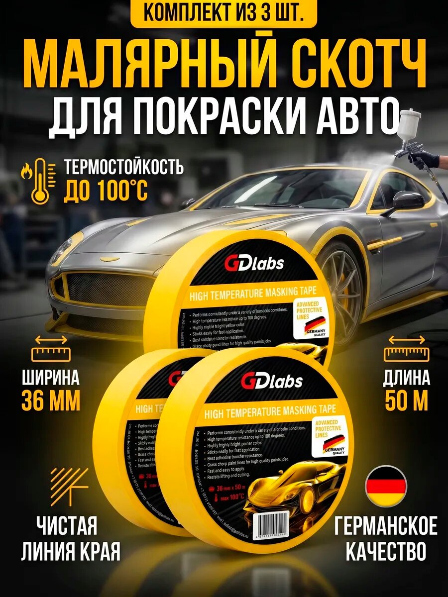 Малярный скотч термостойкий 36 мм (комплект 3 шт.)