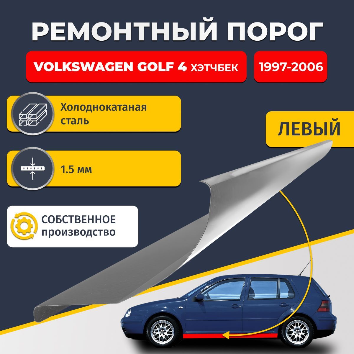 Левый ремонтный порог для Volkswagen Golf 4 1997-2006 хэтчбек 5 дверей, холоднокатаная сталь 1.5 мм (Фольксваген Гольф 4), порог автомобильный, стандартный. Кузовной ремонт.