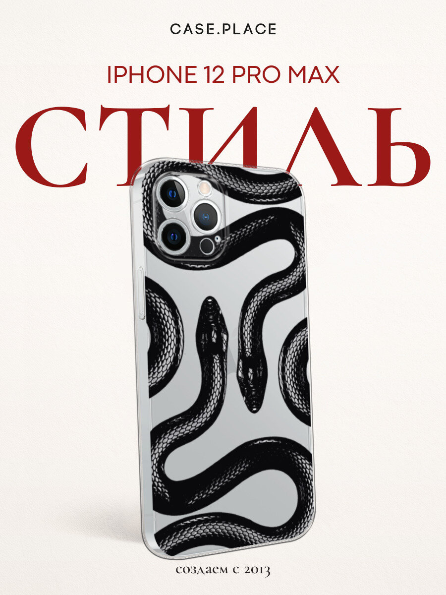 Чехол на Apple iPhone 12 Pro Max / Айфон 12 Про Макс с принтом Черные змеи, прозрачный