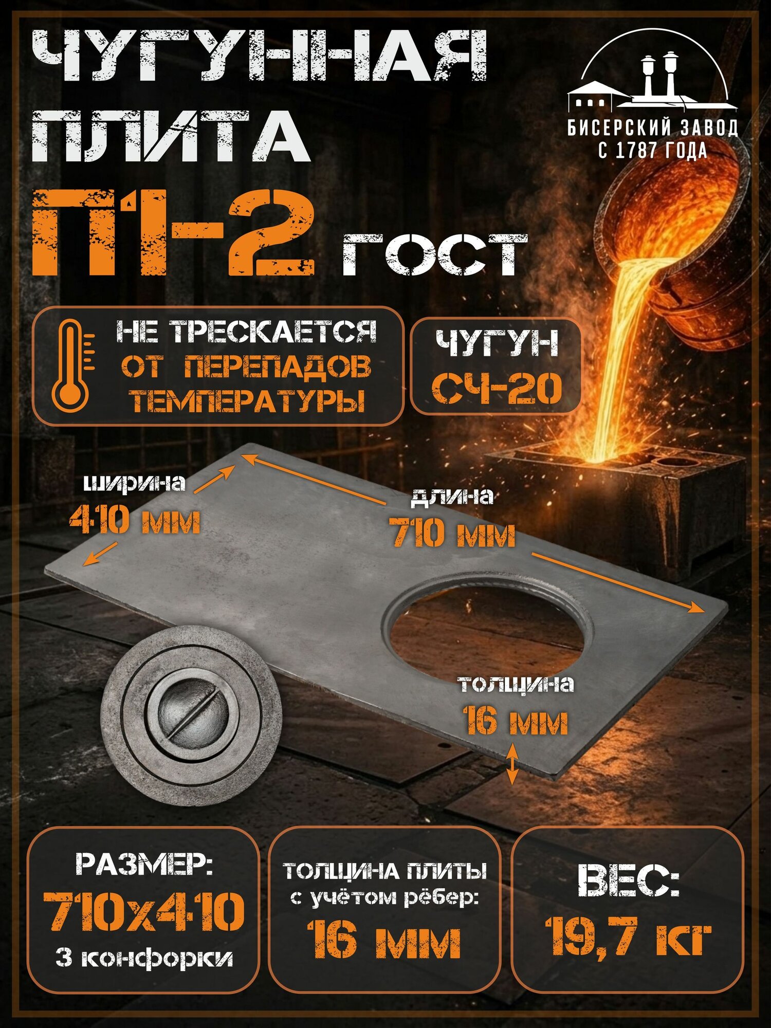 Плита печная чугунная П1-2 (710х410) в комплекте с 3-мя конфорками-19,7 кг.
