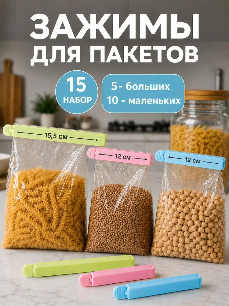 Зажимы для пакетов прищепки кухонные, набор 15 шт