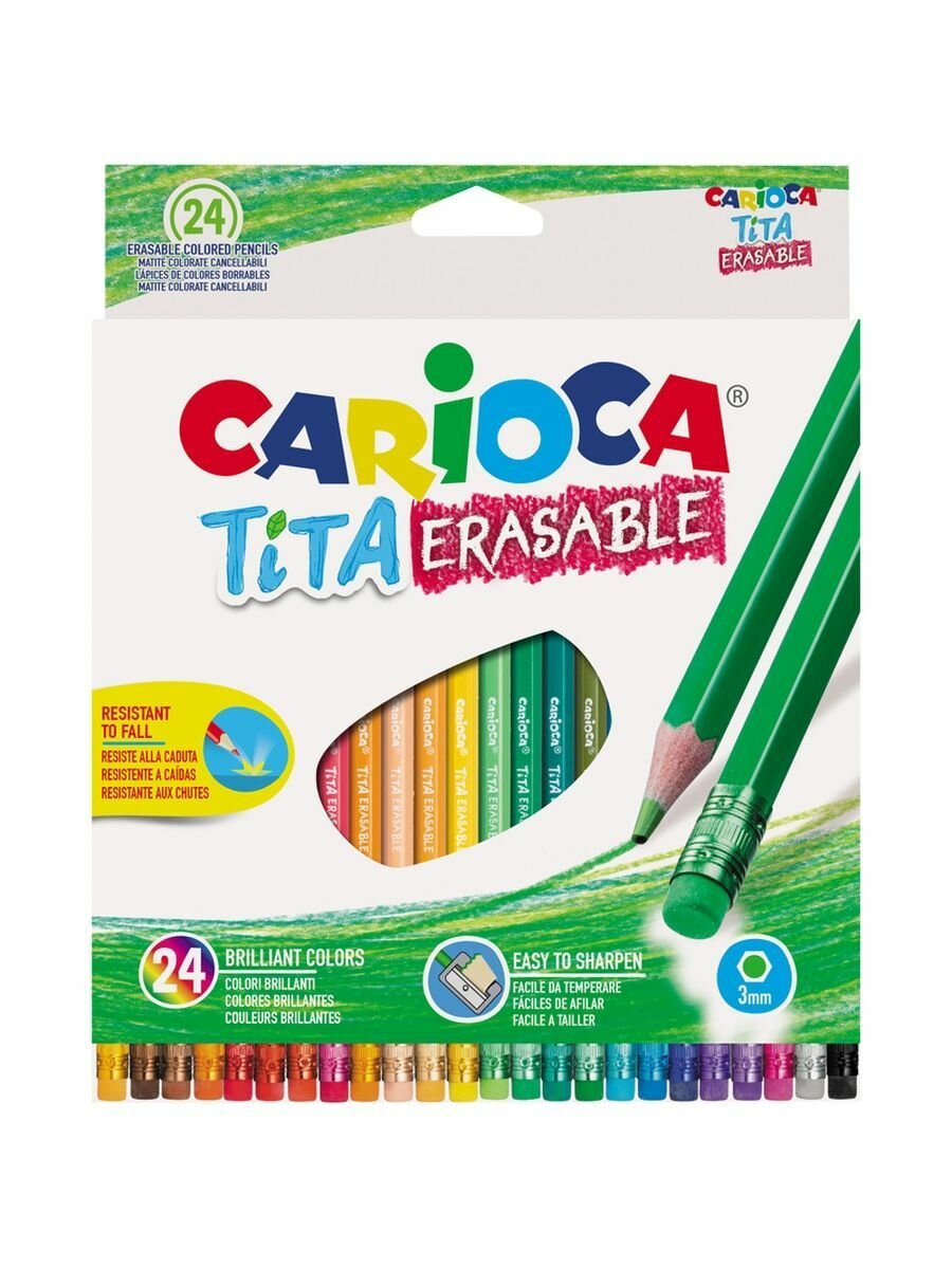 Карандаши цветные пластиковые стираемые Carioca "Tita Erasable", 24цв, заточен, картон, европодвес, 42938