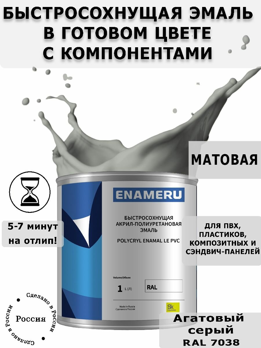 Эмаль для ПВХ и Пластика Энамеру, Акрил-полиуретановая, Матовая, Агатовый серый RAL 7038, 1.35л готовой смеси