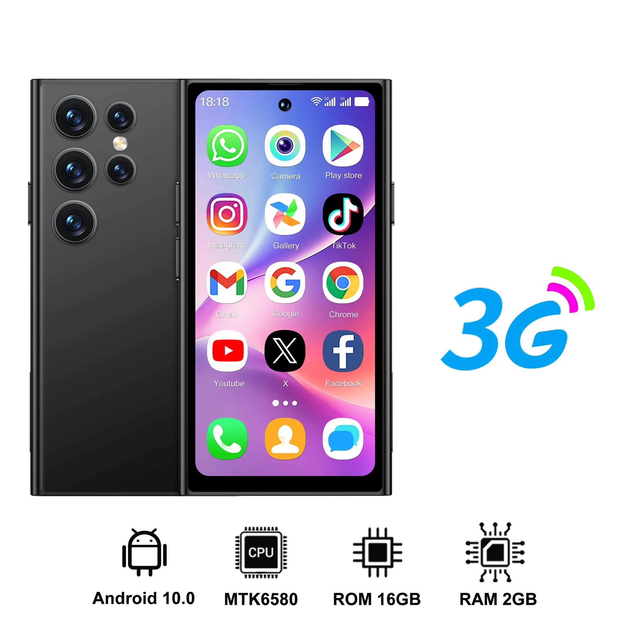 Смартфон SERVO S27 Mini, Две SIM-карты, WCDMA, Android 10.0, Распознавание Черный, Черный, Black