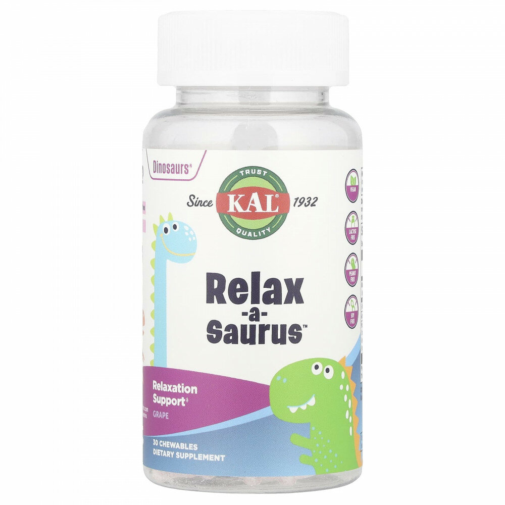 KAL, Dinosaurs®, Relax-a-Saurus™, добавка для расслабления, виноградный вкус, 30 жевательных таблеток