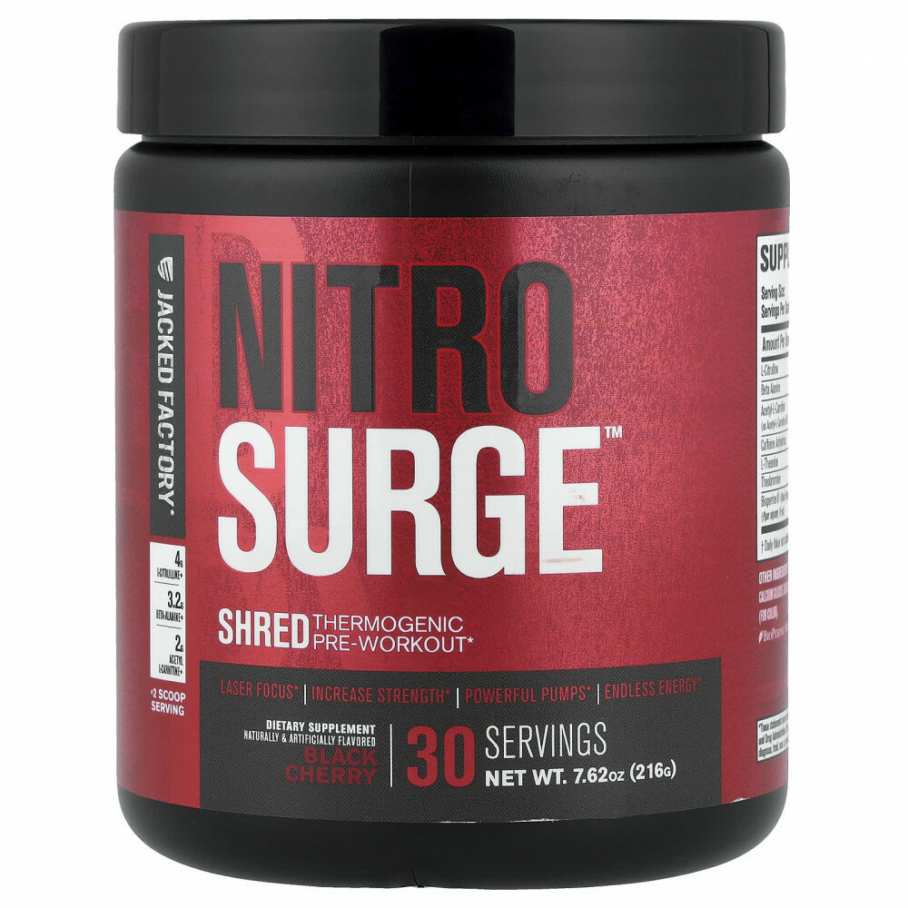Jacked Factory, Nitro Surge™, Shred термогенный предтренировочный комплекс, со вкусом черешни, 216 г (7,62 унции)