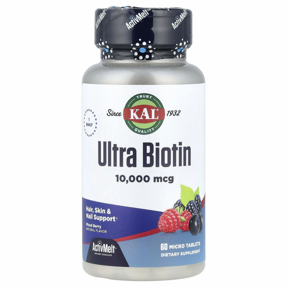 KAL, Ultra Biotin, ActivMelt™, биотин, со вкусом ягодного ассорти, 10 000 мкг, 60 микротаблеток