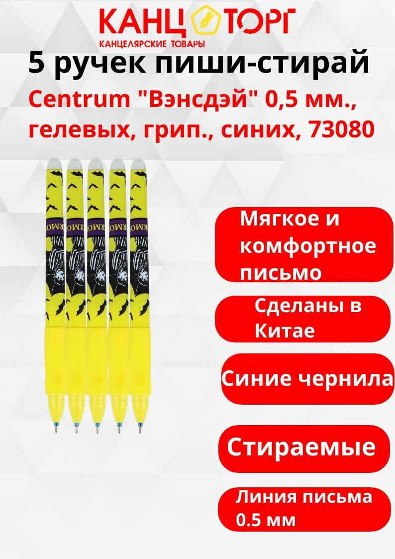5 ручек пиши-стирай Centrum "Вэнсдэй" 0,5 мм, гелевых, грип, синих, 73080