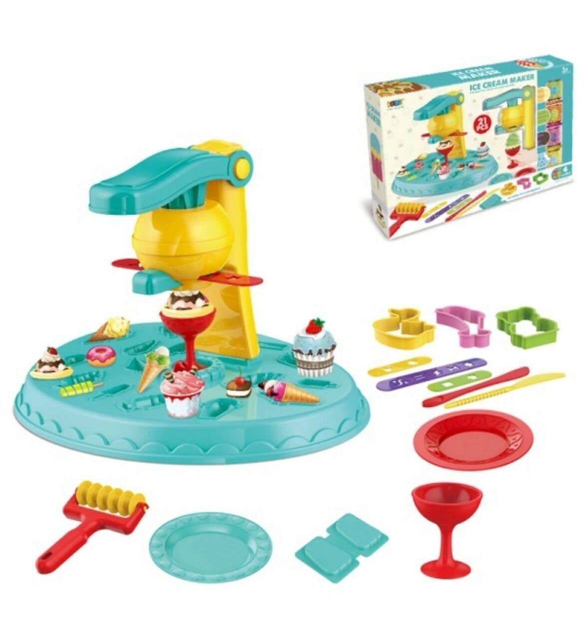 Набор для лепки из пластилина "Мороженое" пресс с формочками и инструментами для лепки 4 цвета