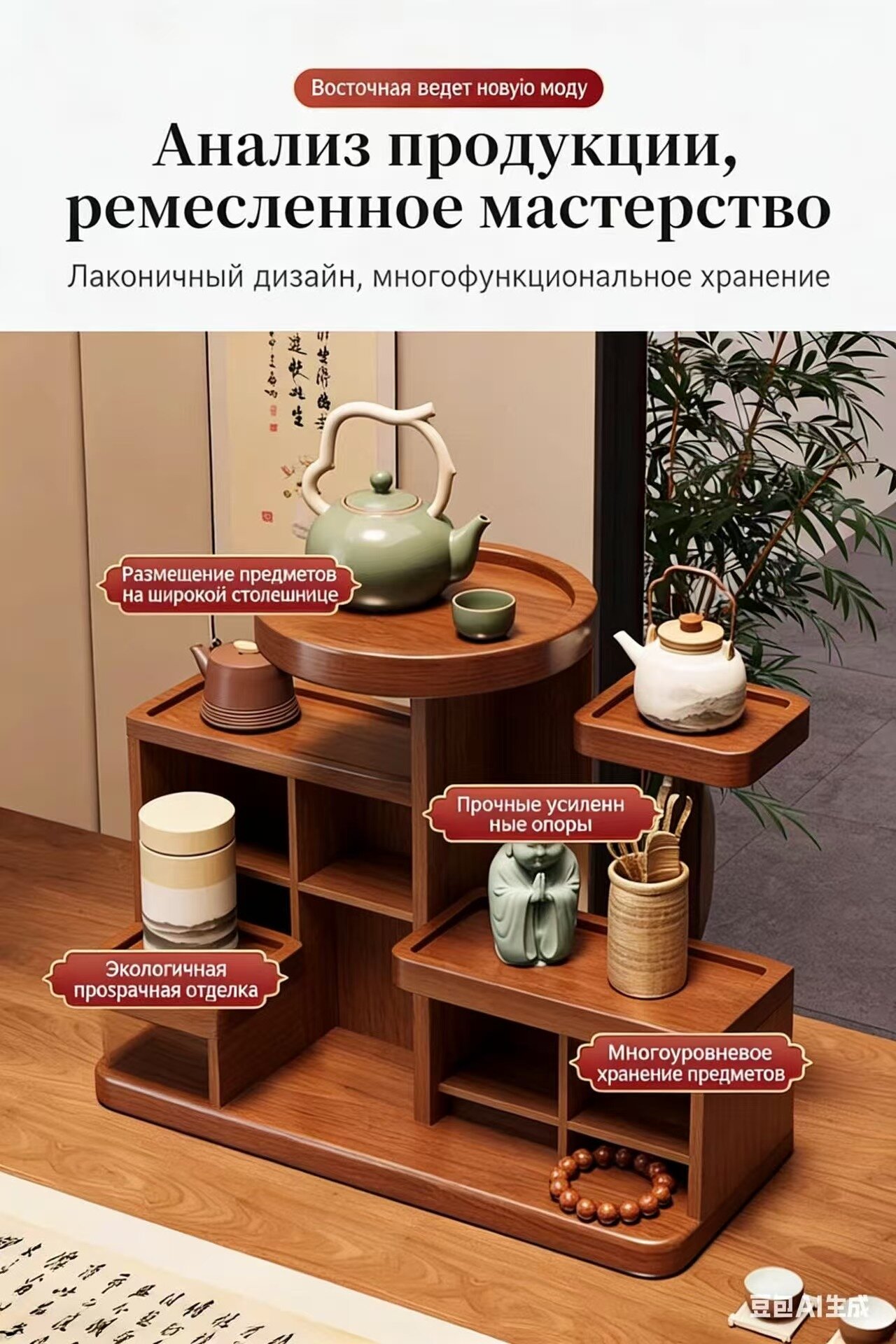 Purple clay pots are placed on museum racks, tea rooms, tea sets, multi-layer decorations,30*23*13